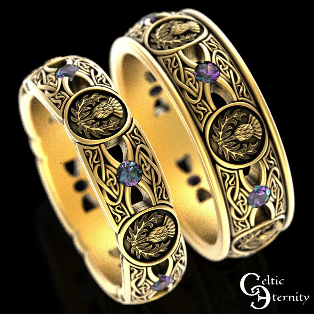 10K Alexandrite Irish Thistle Rings, Gold Scottish Wedding Ring Set ...