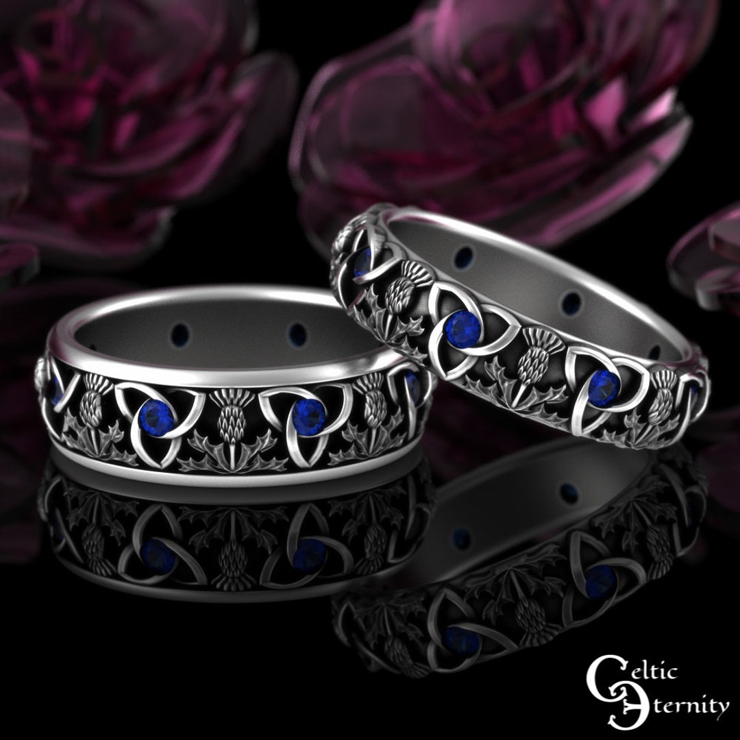 His Hers Sapphire Thistle Rings, Sterling Sapphire Scottish Thistle ...