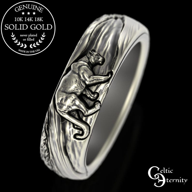 Gold Cougar Statement Ring, 14K Mountain Lion Wedding Band, Black ...