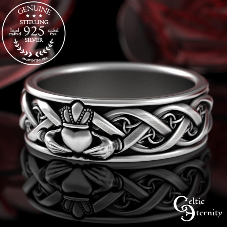 Mens Claddagh Knotwork Ring, Sterling Groom Irish Heart Hands Wedding ...