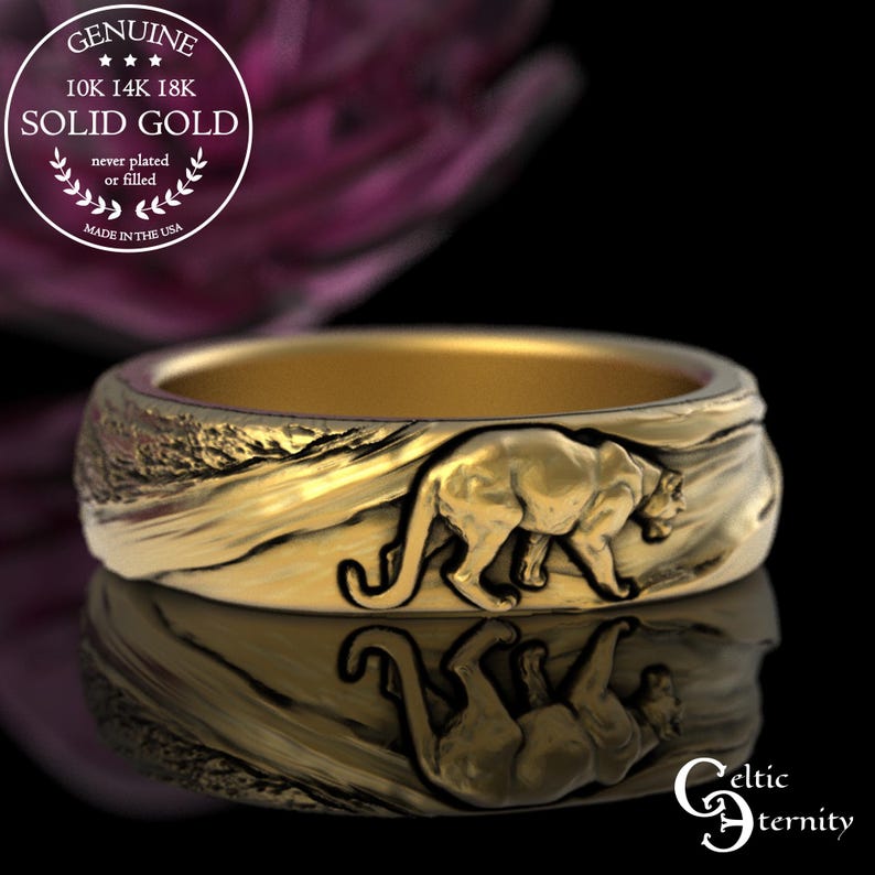 Gold Cougar Statement Ring, 14K Mountain Lion Wedding Band, Black ...