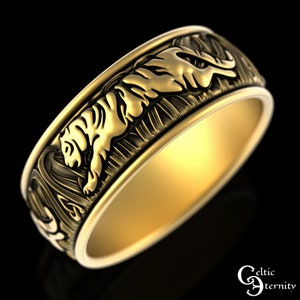 Mens Gold Tiger Ring, 10K Gold Tiger Wedding Band, 14K Mens Wedding ...