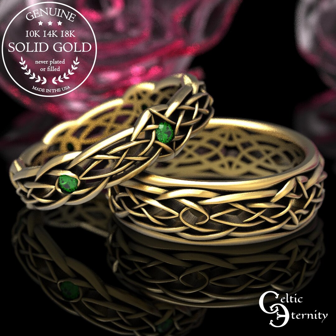 Gold Celtic Knot Wedding Set With Emeralds, 14K His Hers Matching Irish ...