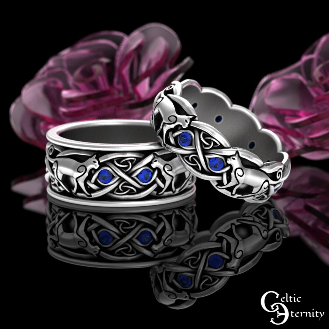 Sapphire Matching Cat Rings Set, Sterling Silver Kitty Wedding Band Set ...