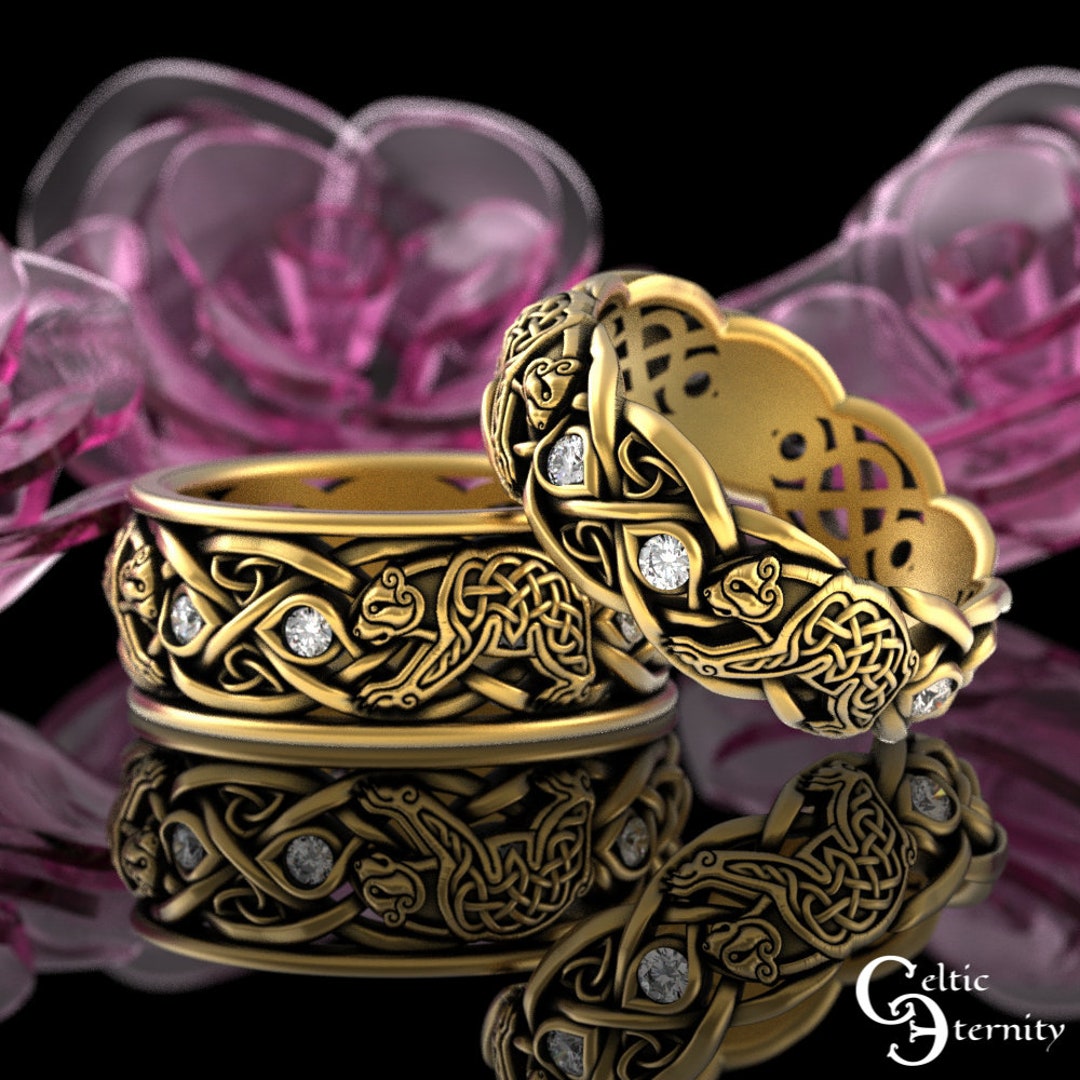10K Gold Bear Viking Wedding Set, Matching Gold Celtic Wedding Bands ...