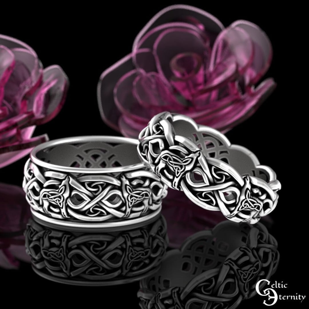 His Hers Wolf Rings, Matching Sterling Silver Nordic Wedding Bands, Celtic Knotwork Ring Set ...