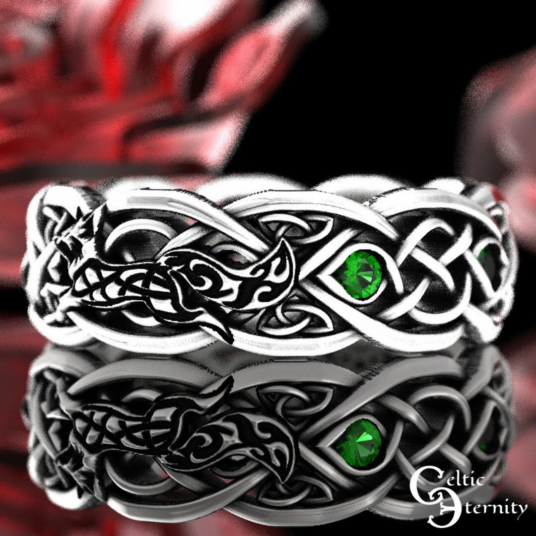 Emerald Fox Wedding Ring, Sterling Silver Fox Wedding Band, Celtic Fox ...