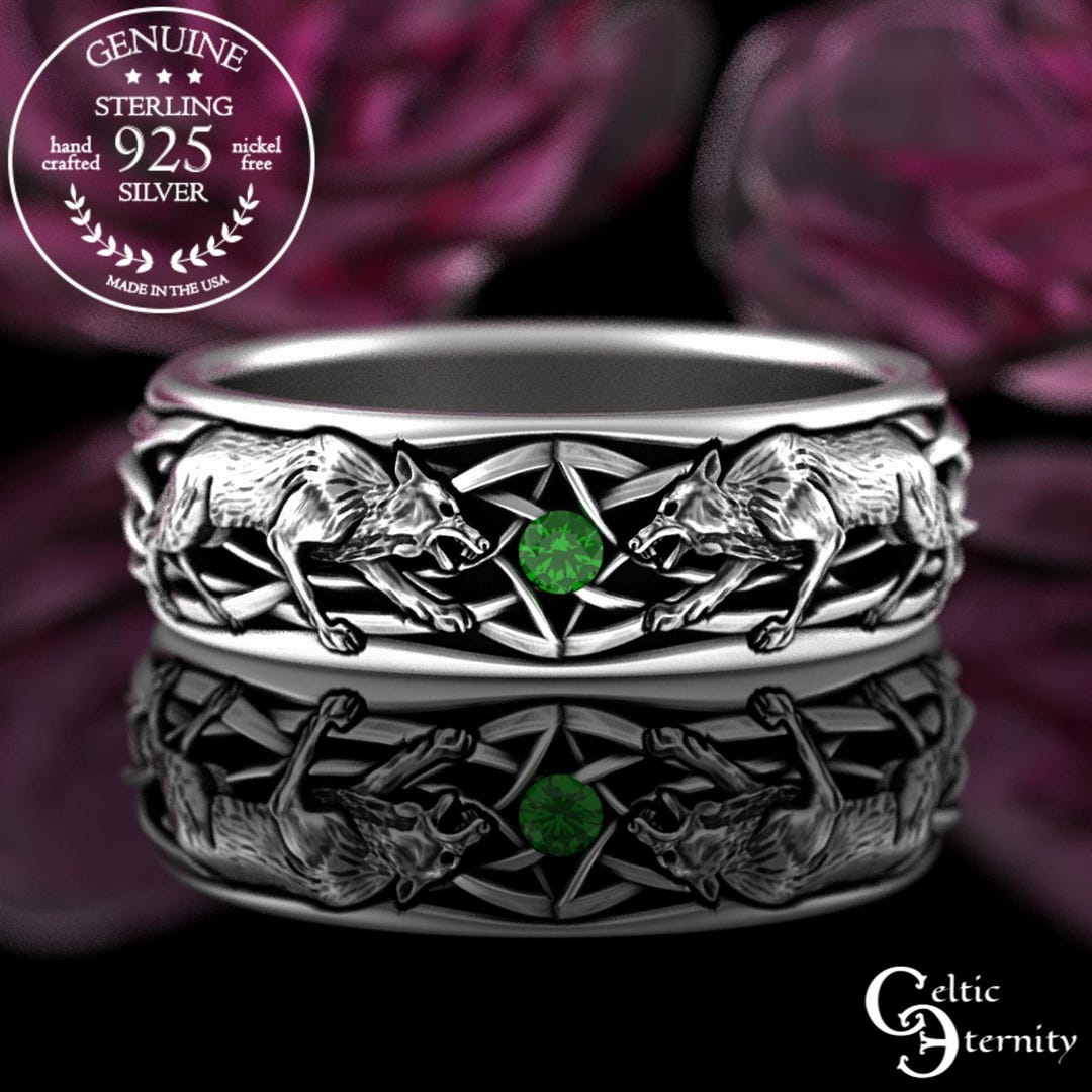 Sterling & Emerald Men Wolves Ring, Silver Direwolf Ring, Green Viking ...