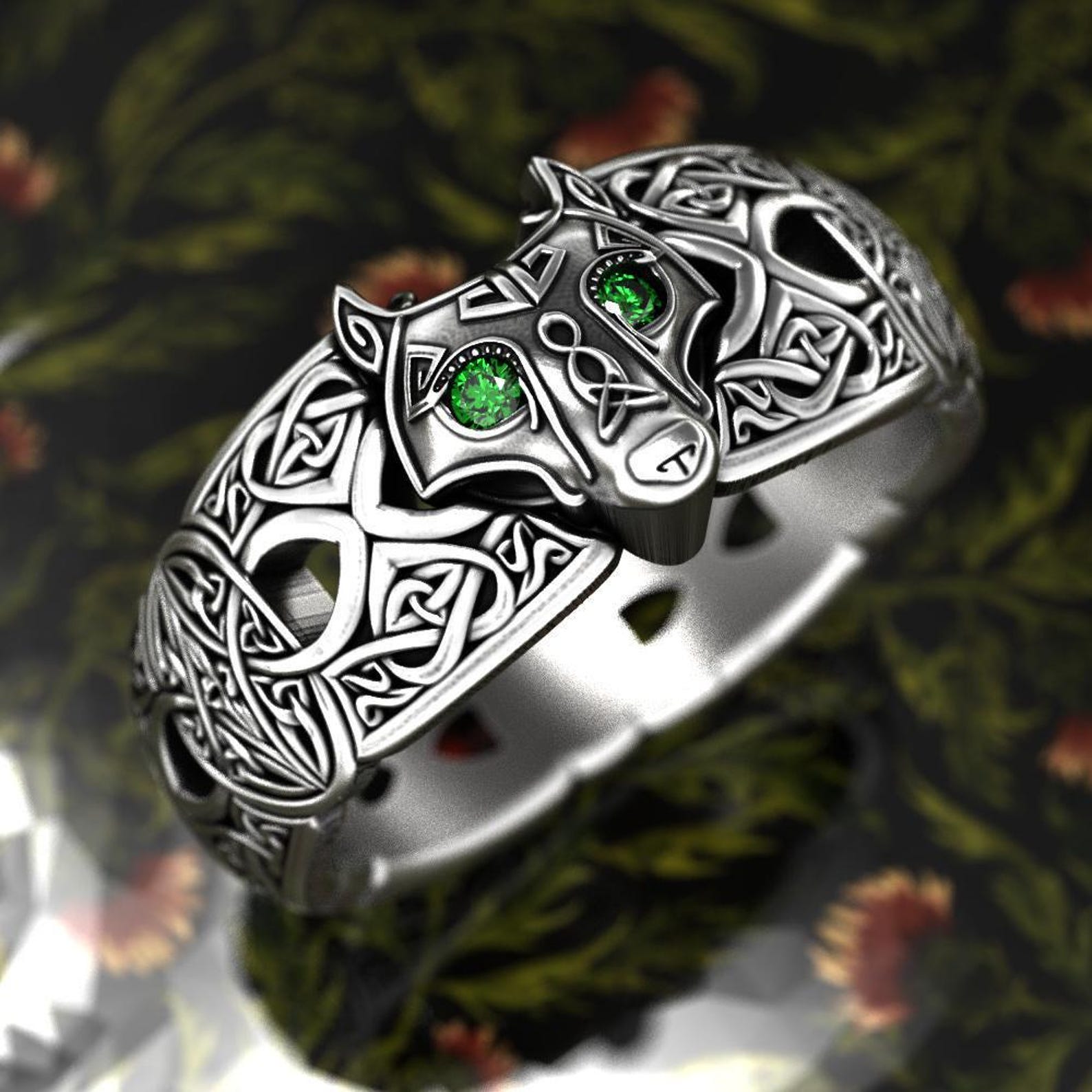 Celtic Wolf Ring, Emerald Eye Wolf Ring, Sterling Wolf Ring, Wolf ...