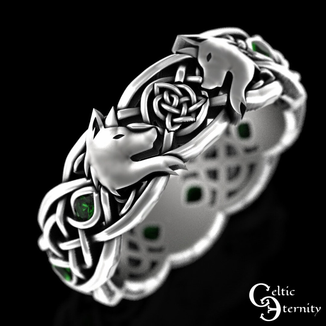 Emerald Wolves Wedding Band Sterling Celtic Wolf Ring Womens - Etsy