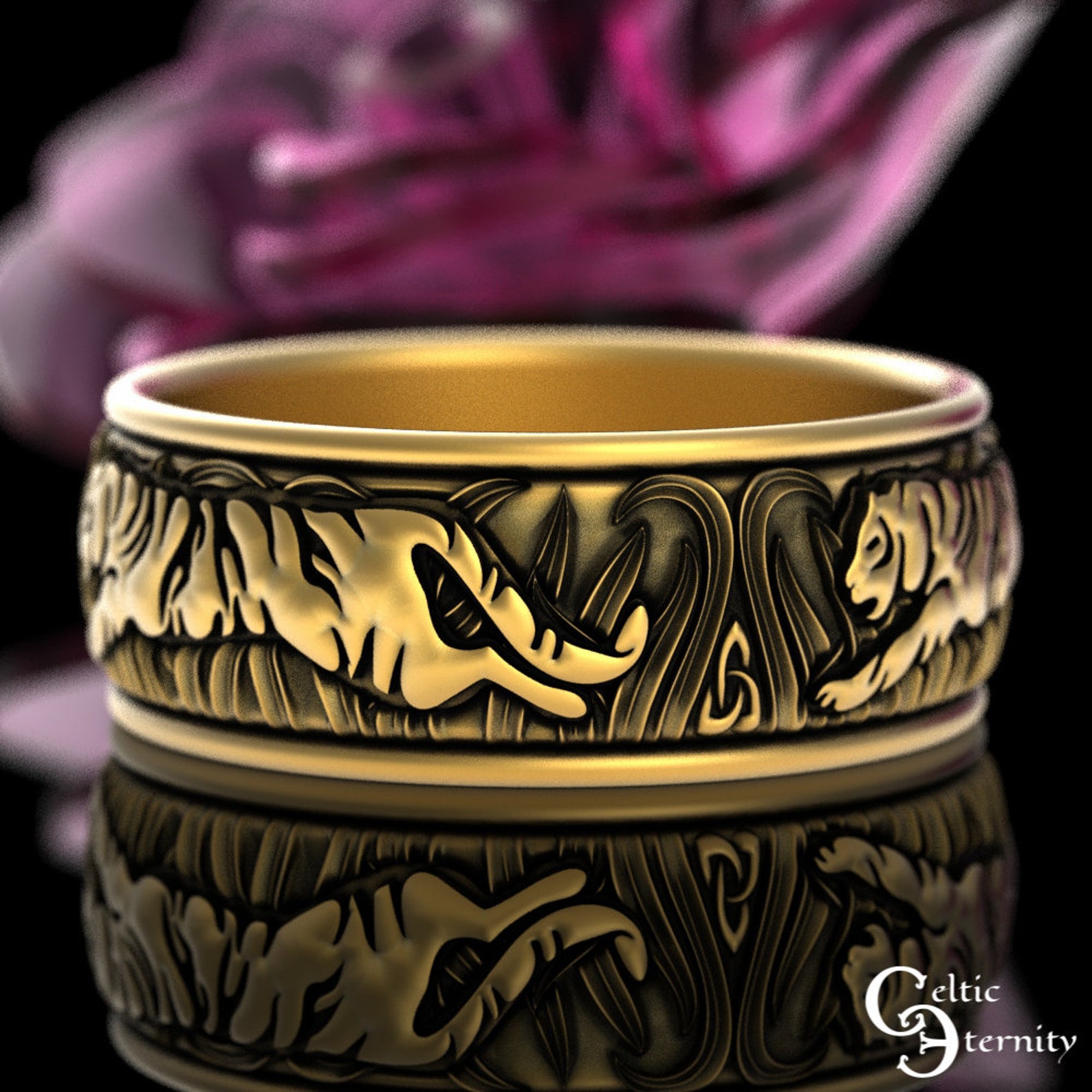 Mens Gold Tiger Ring, 10K Gold Tiger Wedding Band, 14K Mens Wedding ...