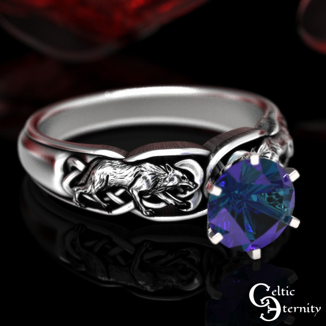 Alexandrite Wolf Engagement Ring, Sterling Wolf Engagement Ring, Celtic Alexandrite Solitaire ...