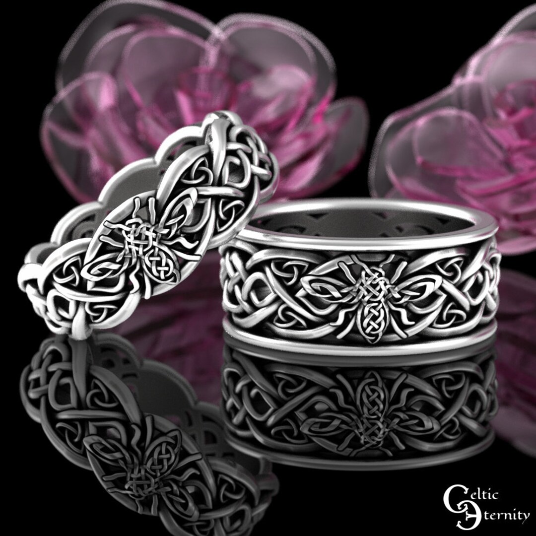 Bumblebee Matching Wedding Bands, Sterling Bee Ring Set, His Her Celtic ...