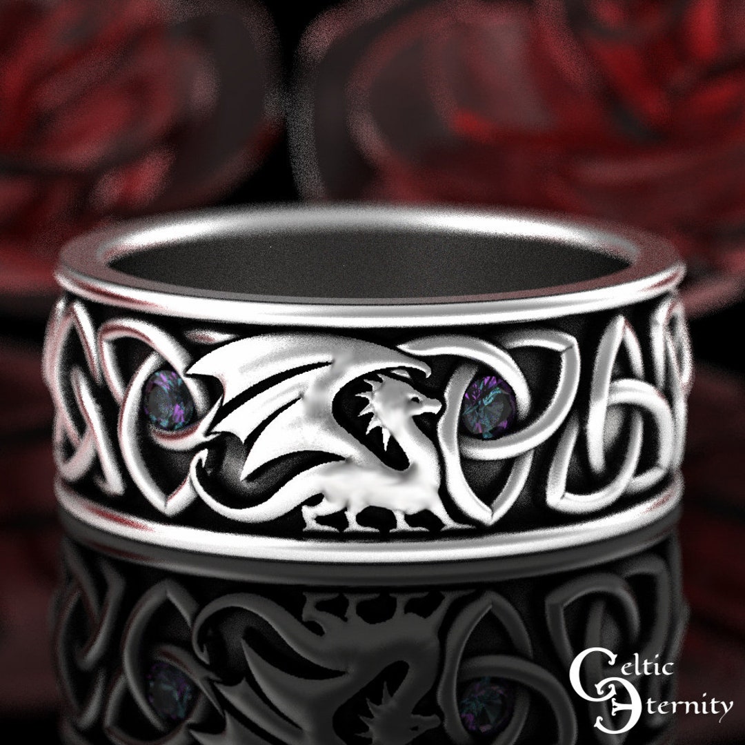 Alexandrite Welsh Dragon Ring, Sterling Mens Dragon Wedding Band ...