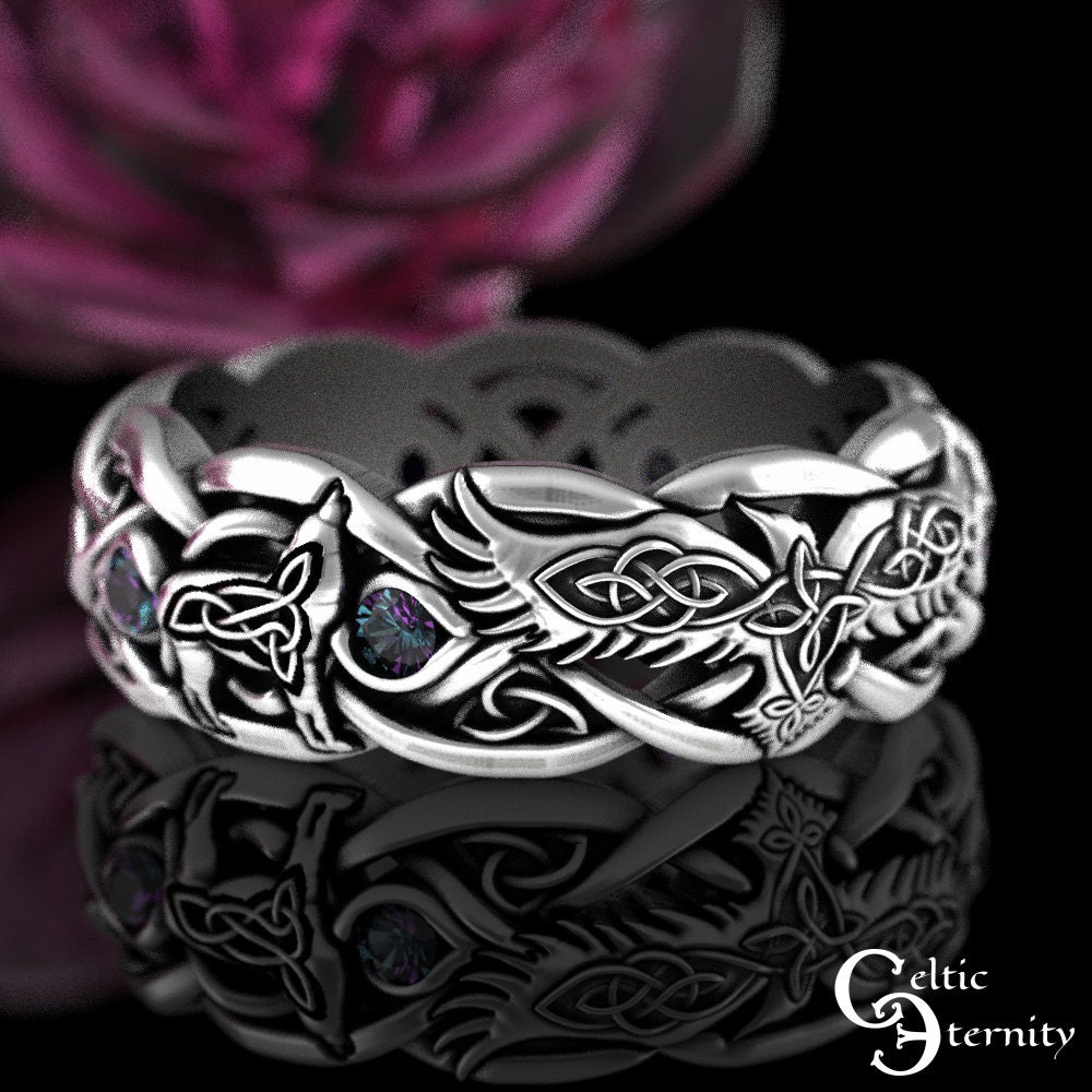 Alexandrite Raven & Wolves Wedding Ring, Alexandrite Womens Wedding ...