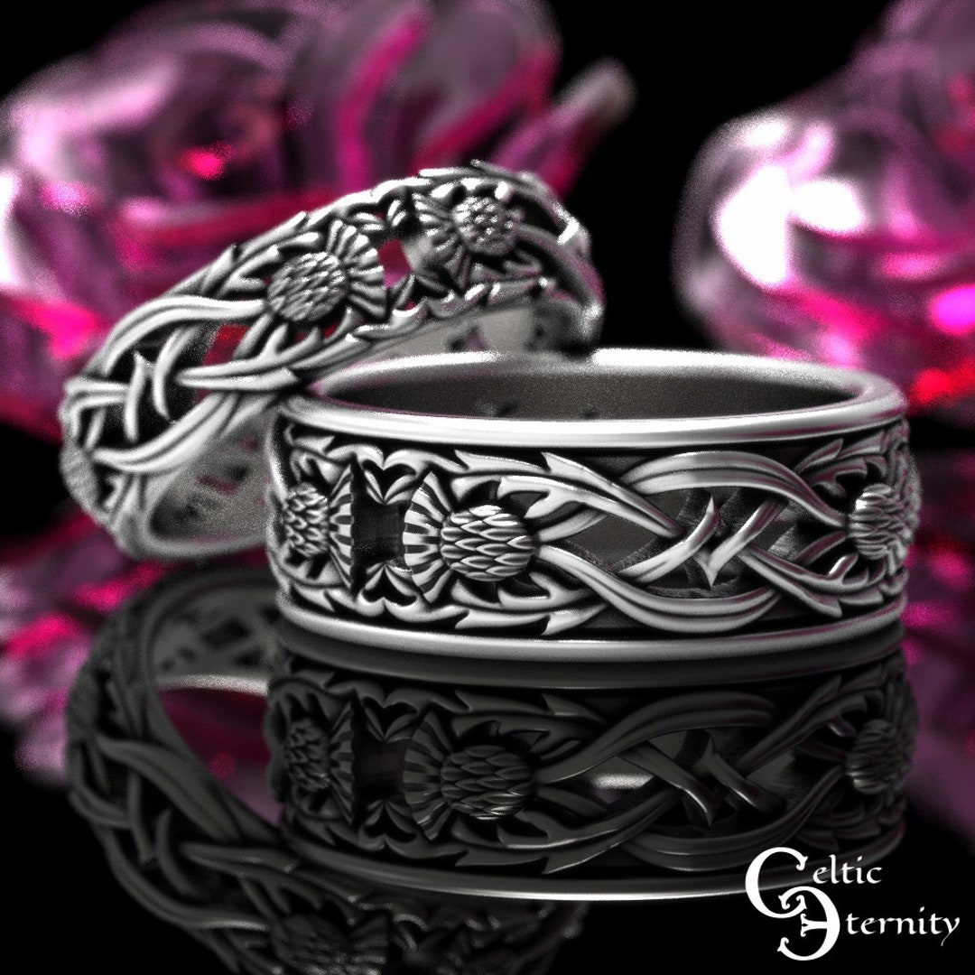 Thistle Matching Wedding Ring Set, Sterling Scottish Thistle Wedding ...