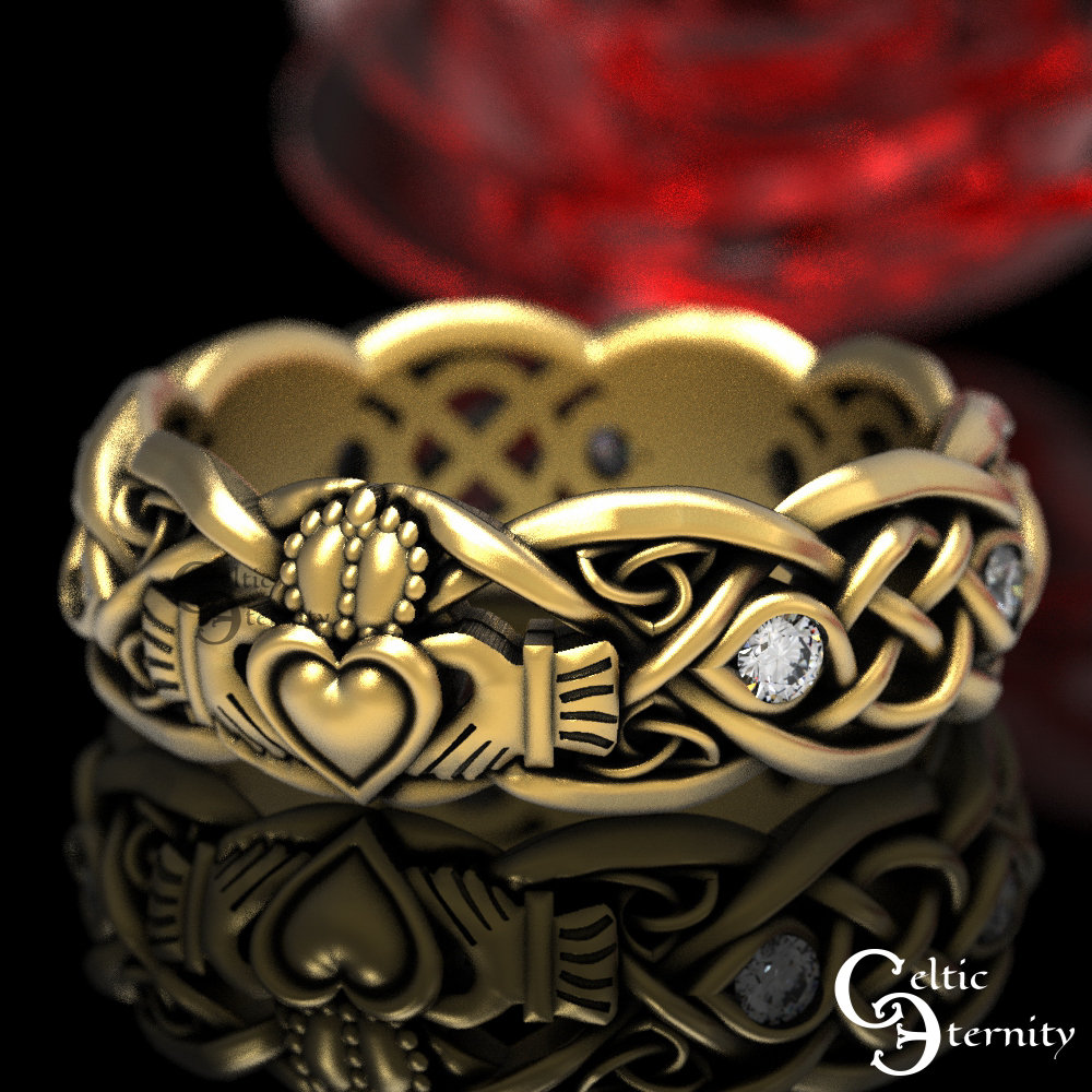 Gold Claddagh Ring with Moissanites, Modern Claddagh Wedding Ring ...