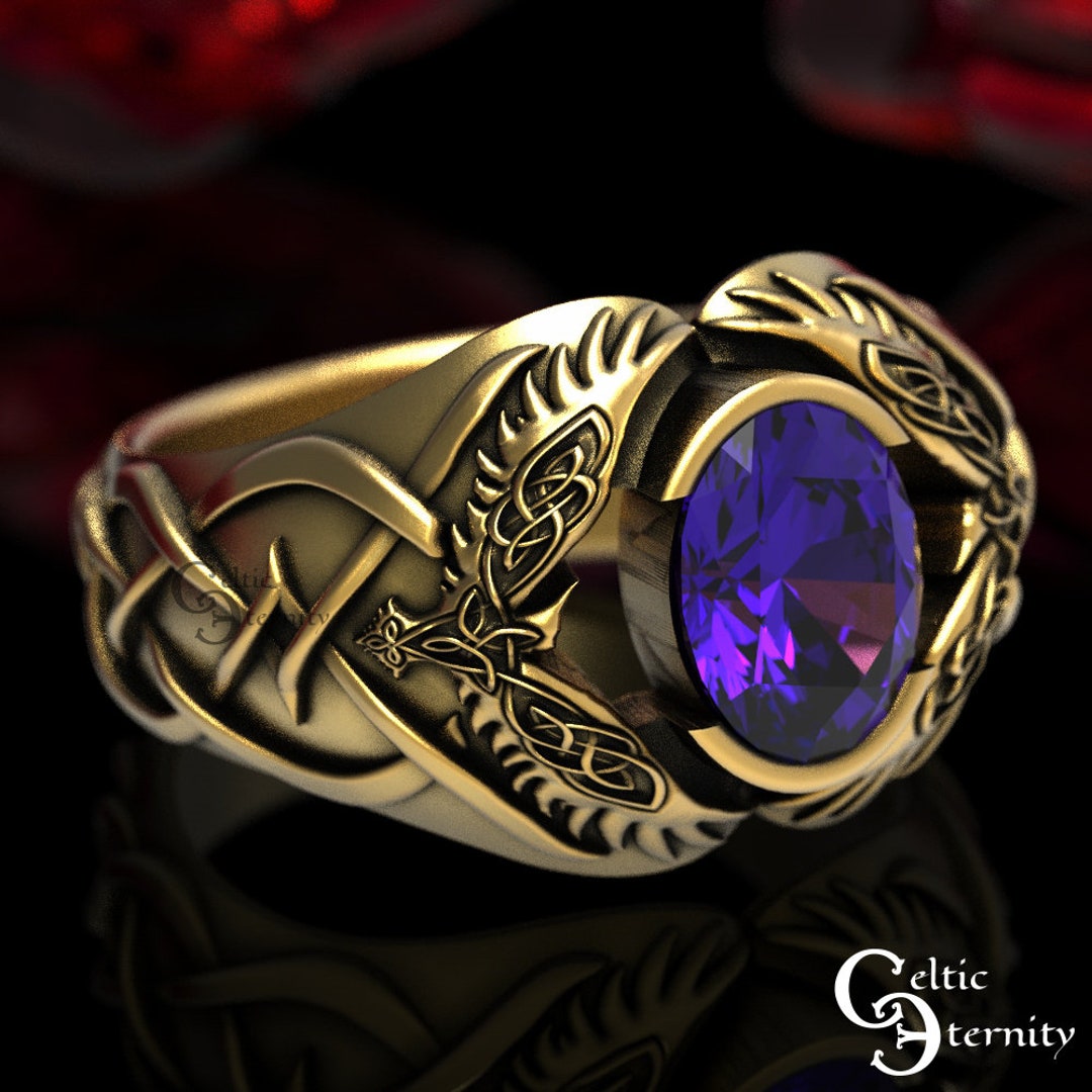 Mens Gold Raven Ring, Amethyst Celtic Ring, Odin Raven Ring, Men Viking ...