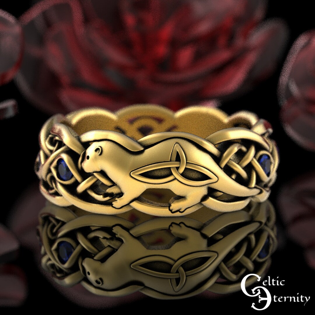 Gold Sapphire Otter Wedding Ring, 10K Irish Otter Ring, Womens Sapphire ...