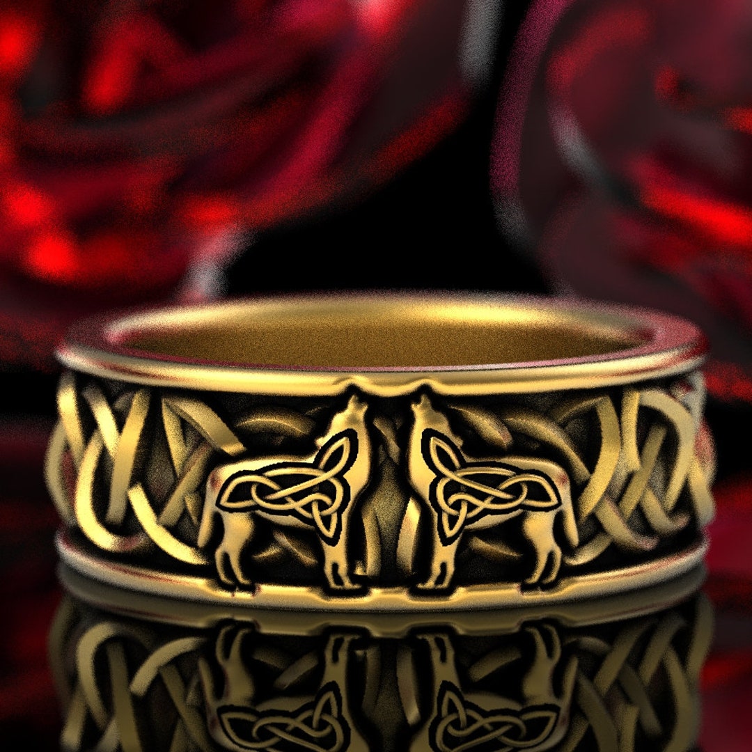 Gold Celtic Wolf Ring, Viking Wolf Ring, Celtic Wedding Band, Viking ...