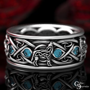 His & Hers Sterling Silver Celtic Wolf Ring Set, Blue Spinel Wedding Set, Eternity Band Celtic ...