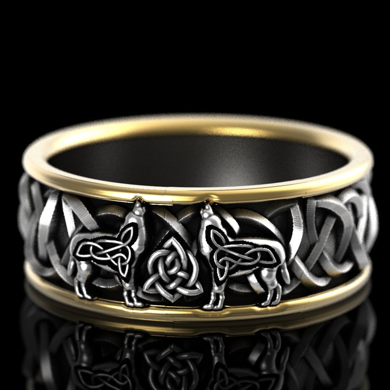 Celtic Wolf 2-tone Ring in Sterling Silver & 10K Gold Wolf - Etsy