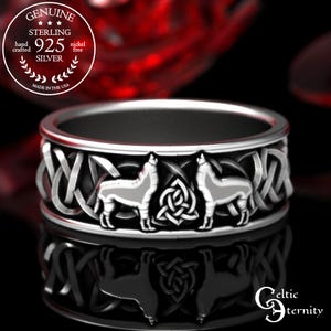 Solid Sterling Silver Celtic Wolf Ring, Wolf Wedding Band, Celtic Mens Wedding Band, Mens Wolf ...