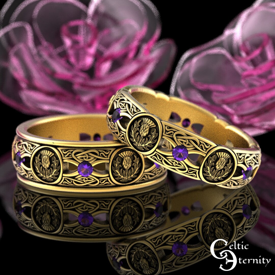 Matching Amethyst Celtic Wedding Ring Set, 10K Scottish Thistle Set ...