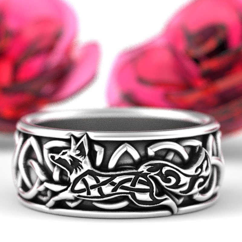 Sterling Silver Celtic Fox Ring Fox Wedding Band Mens Silver | Etsy