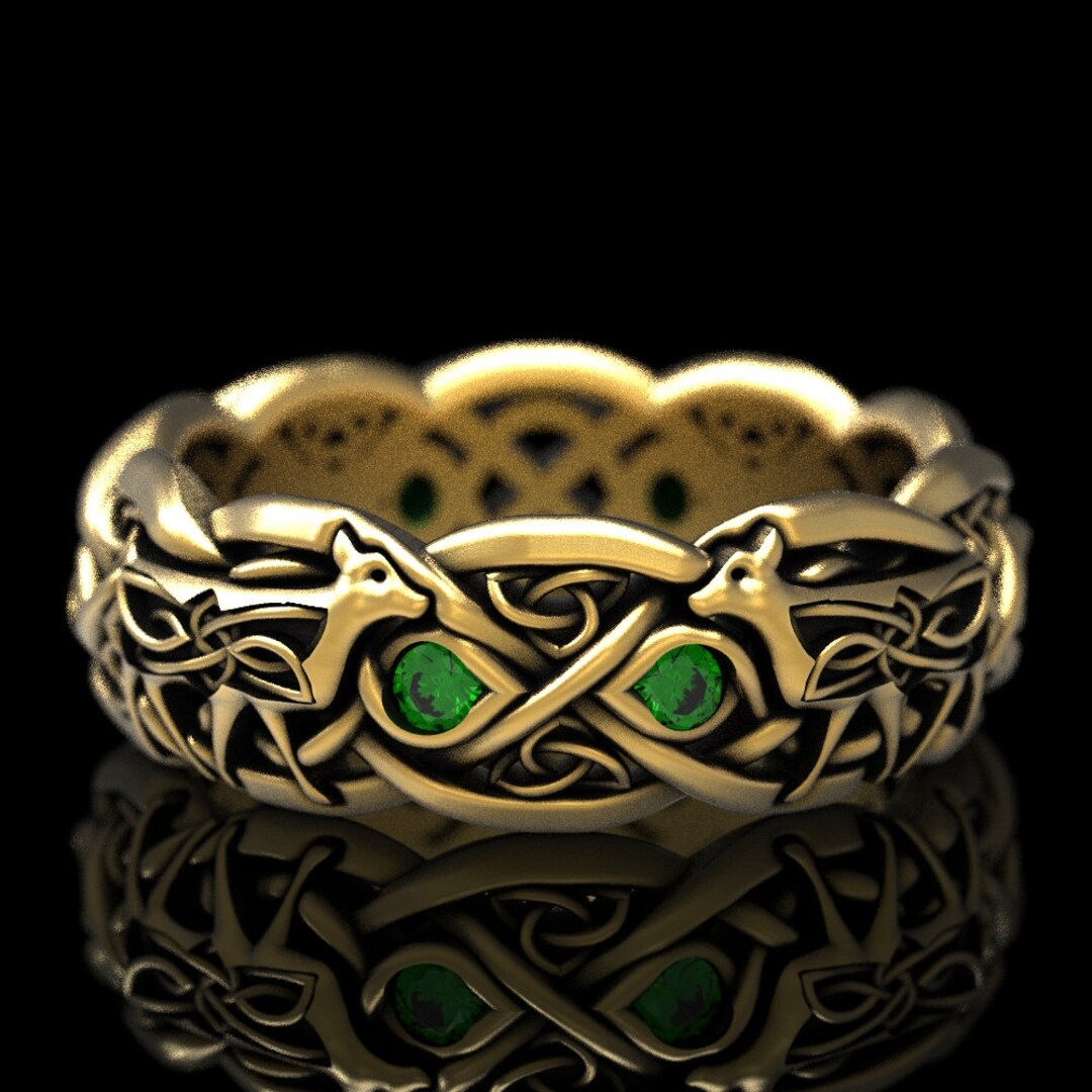 Gold Celtic Cow Ring, 10K Gold Emerald Ring, Farm Wedding Ring, Cow ...