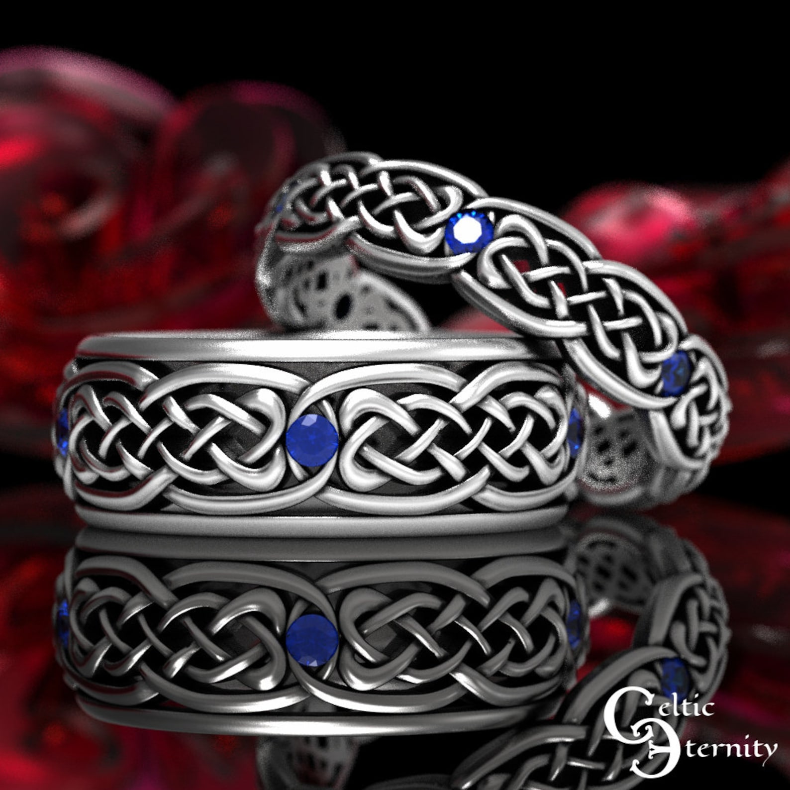 Sapphire Wedding Ring Set, Matching Gold Wedding Rings, Gold Celtic ...