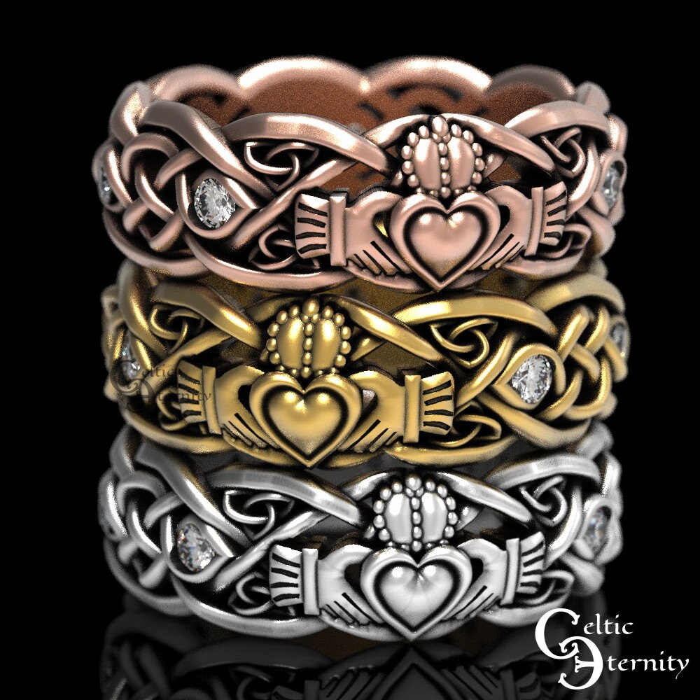 Gold Claddagh Ring with Moissanites, Modern Claddagh Wedding Ring ...