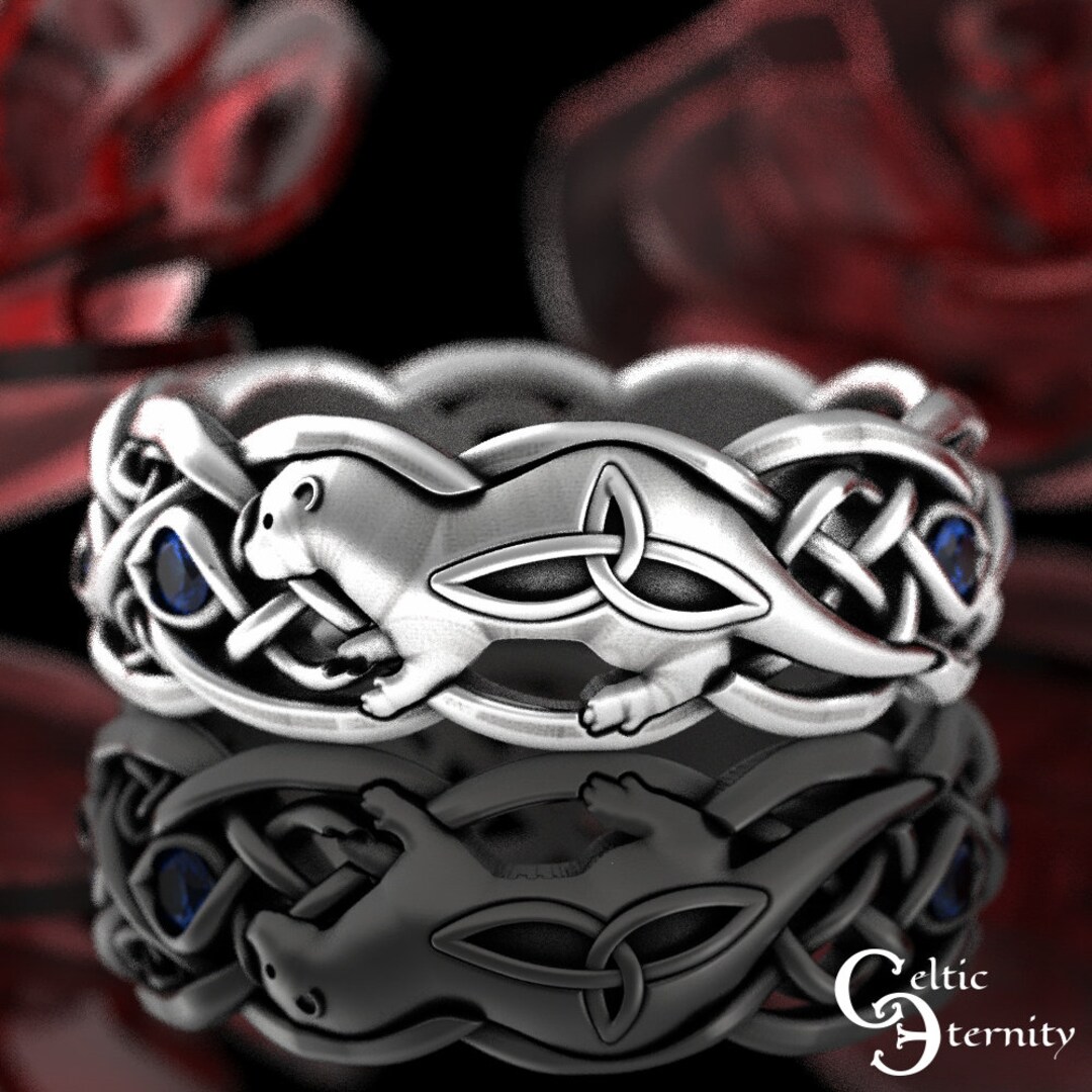 Celtic Otter Ring, Sterling Silver Otter Wedding Band, Sapphire Otter ...