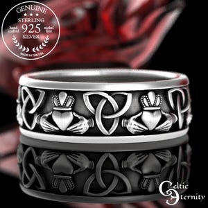 Silver Claddagh Celtic Ring, Scottish Heart Trinity Ring, Sterling Irish Wedding Ring, Mens ...
