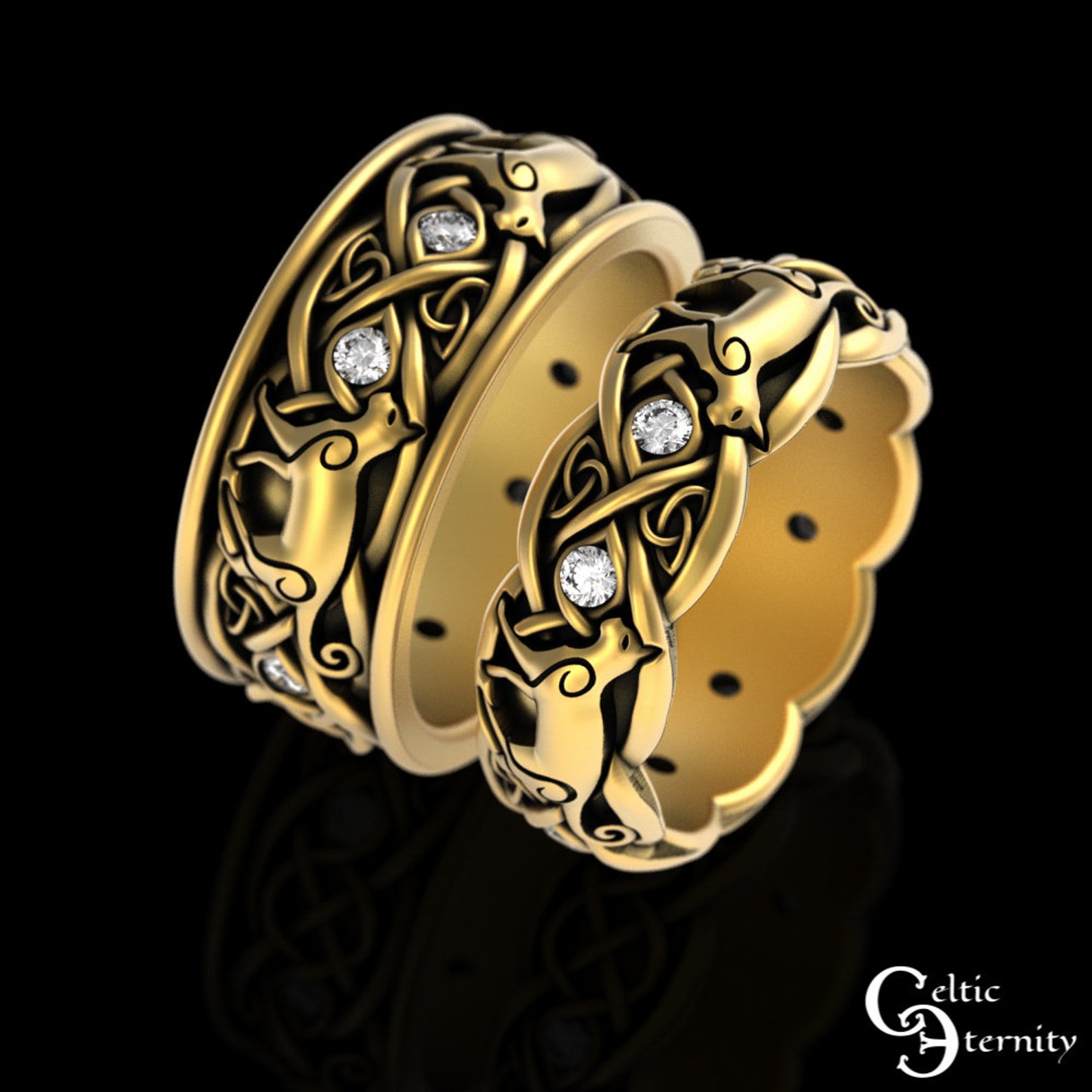 10K 14K Gold Cat Matching Wedding Bands, White Gold Feline His Hers ...