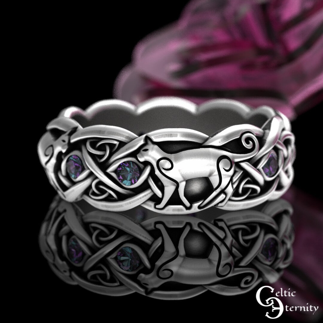 Alexandrite Cat Ring, Sterling Silver Cat Ring, Swirl Cat Wedding Ring ...