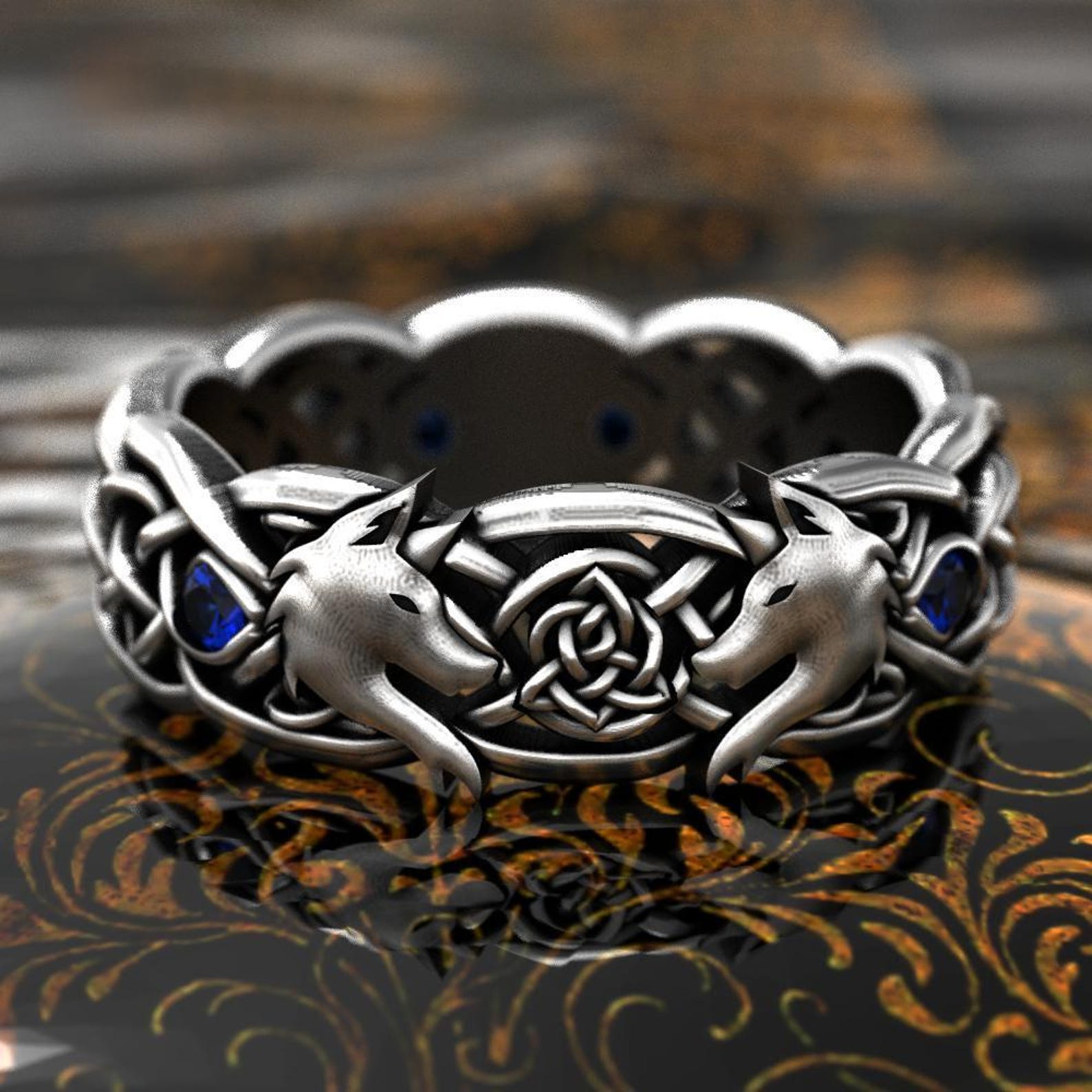 Womens Sapphire Wolf Ring, Sterling Celtic Wedding Band, Silver ...