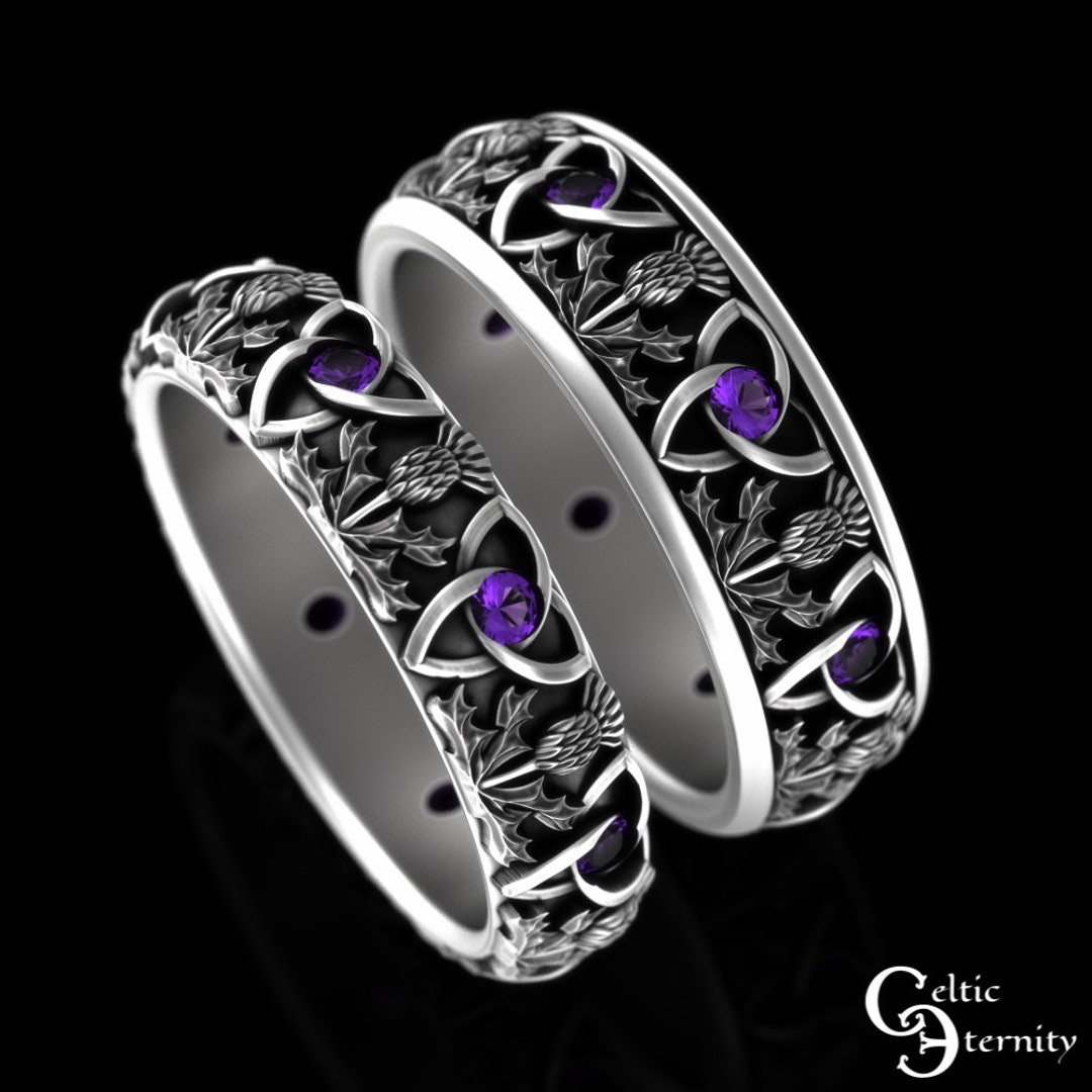 Thistle Wedding Rings, Sterling Amethyst Celtic Thistle Set, His Hers ...