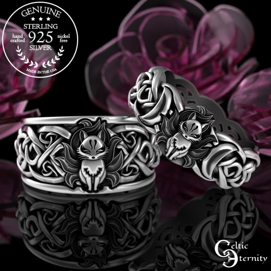 Matching Kitsune Fox Wedding Rings, Sterling His Hers Foxes Ring Set ...