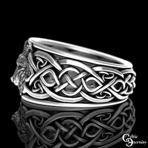 Mens Viking Wolf Knotwork Ring, Sterling Wolf Herald Ring, Silver ...