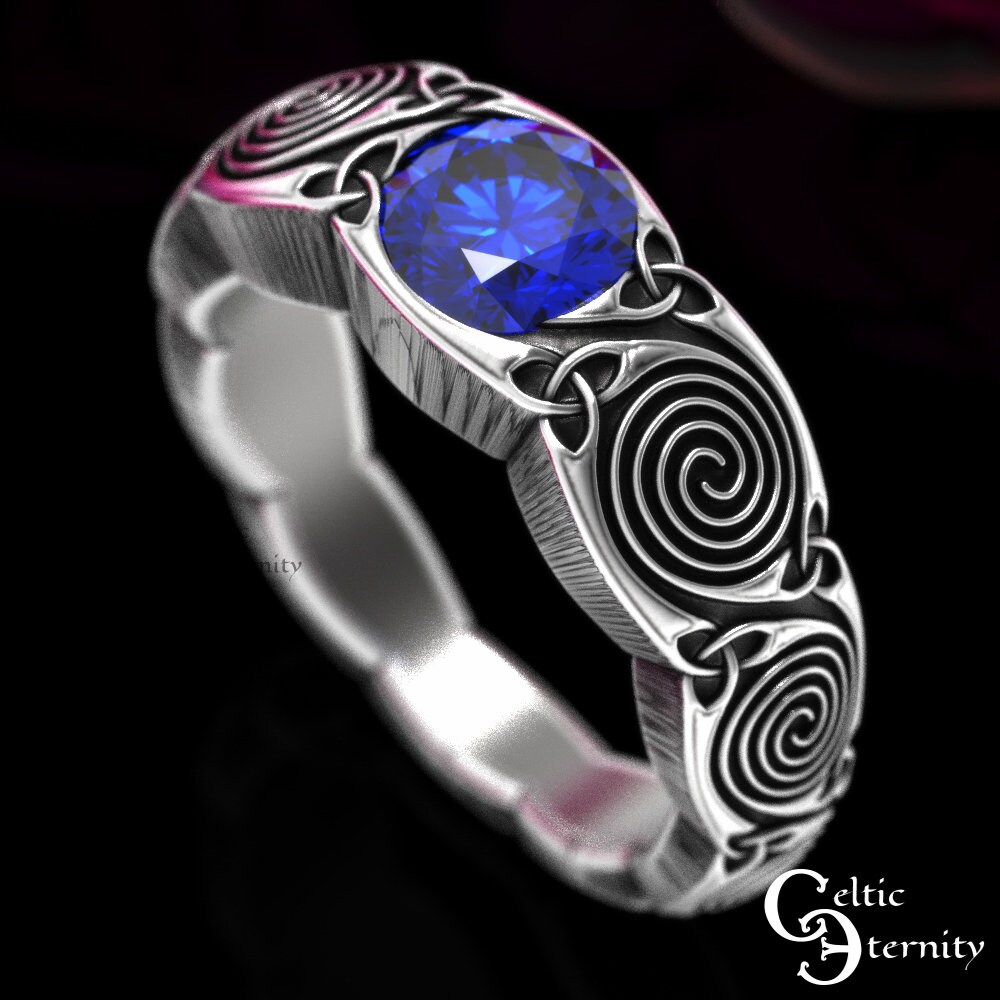 Celtic Spiral Sapphire Wedding Ring in Sterling Silver, Designer ...