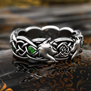 Emerald Wolves Wedding Band, Sterling Celtic Wolf Ring, Womens Wolf ...