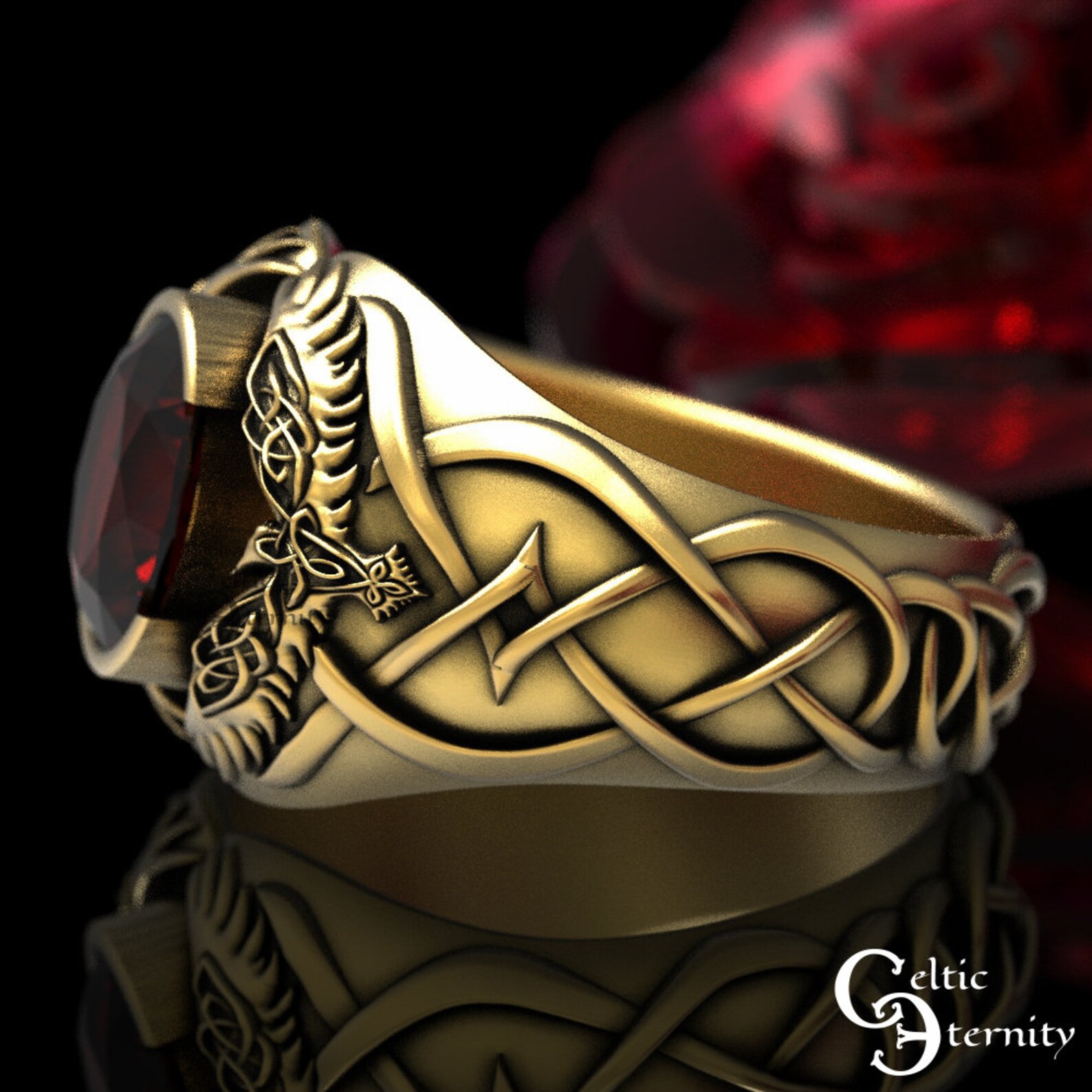 Odin Raven Ring, Mens Gold Raven Ring, Ruby Celtic Ring, Men Viking ...