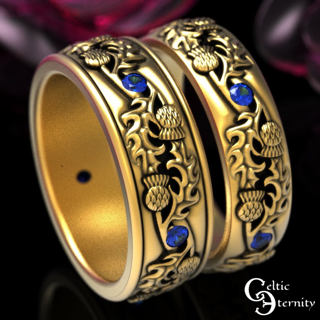 10K Sapphire Thistle Ring Set, Gold Thistle Wedding Bands, Sapphire ...