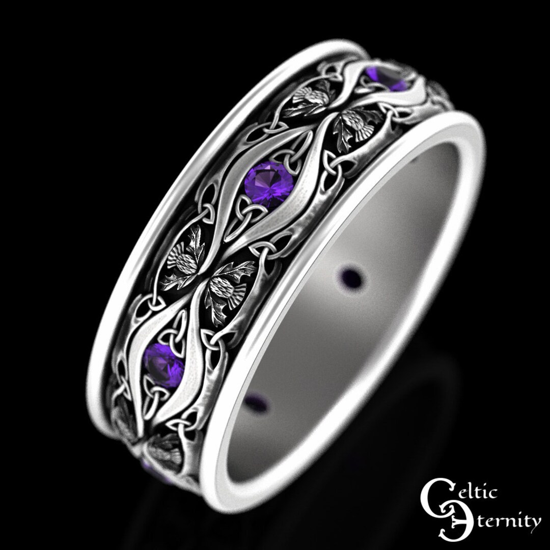 Amethyst Sterling Thistle Mens Ring, Mens Scottish Ring, Mens Scotland Botanical Wedding Band ...