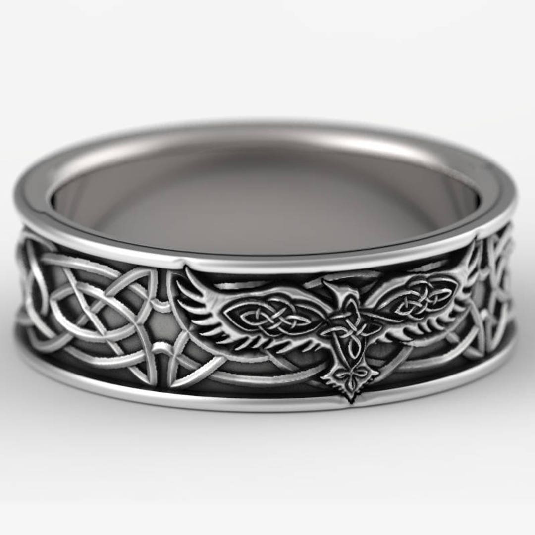Sterling Celtic Raven Ring, Raven Wedding Band, Mens Wedding Band, Mens ...