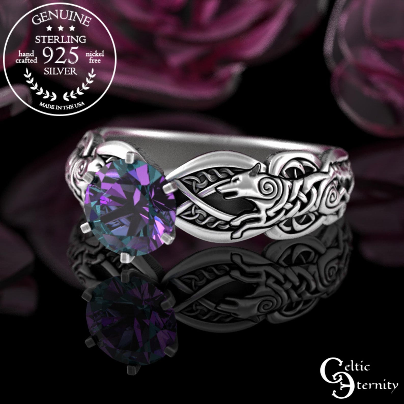 Sterling Celtic Wolf Engagement Ring, Moissanite Wolves Viking ...