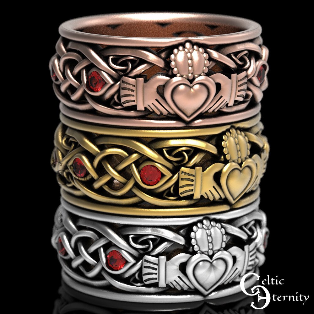 Gold Claddagh Ring with Rubies Modern Claddagh Wedding Ring | Etsy