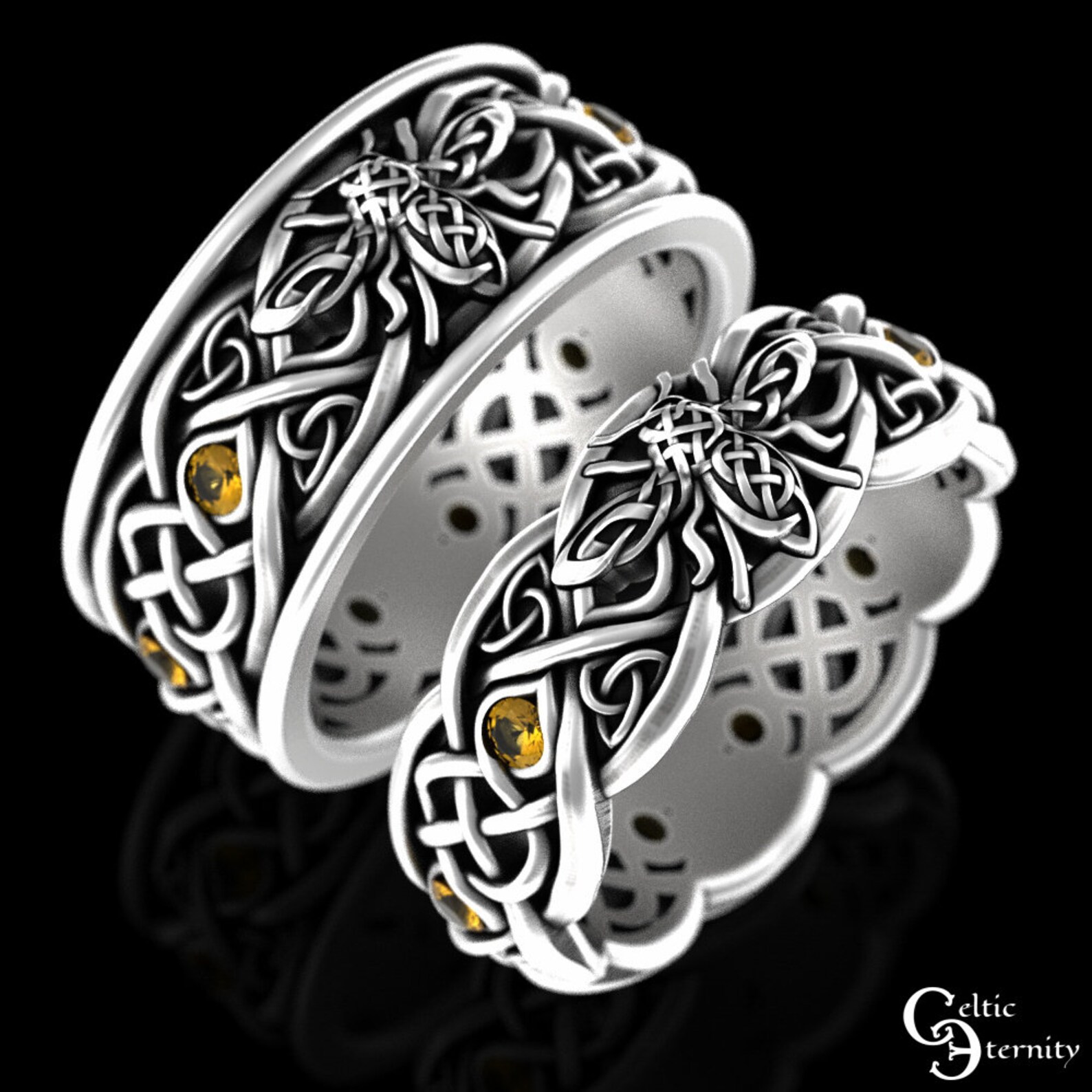 Yellow Bumblebee His Hers Wedding Bands, Sterling & Yellow Sapphire ...