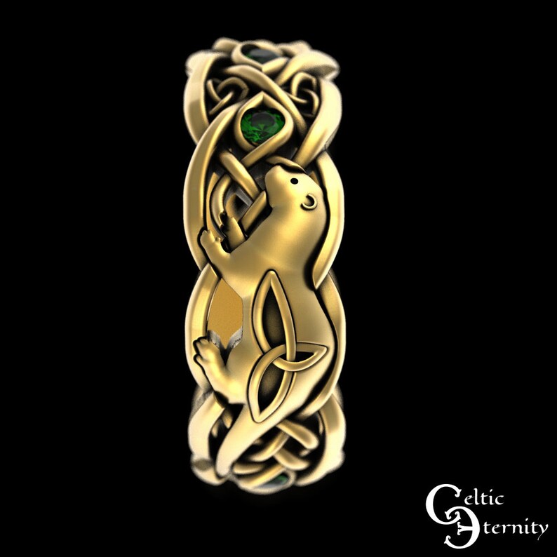Emerald Gold Otter Wedding Ring, 10K Irish Otter Ring, 14K Celtic Otter ...